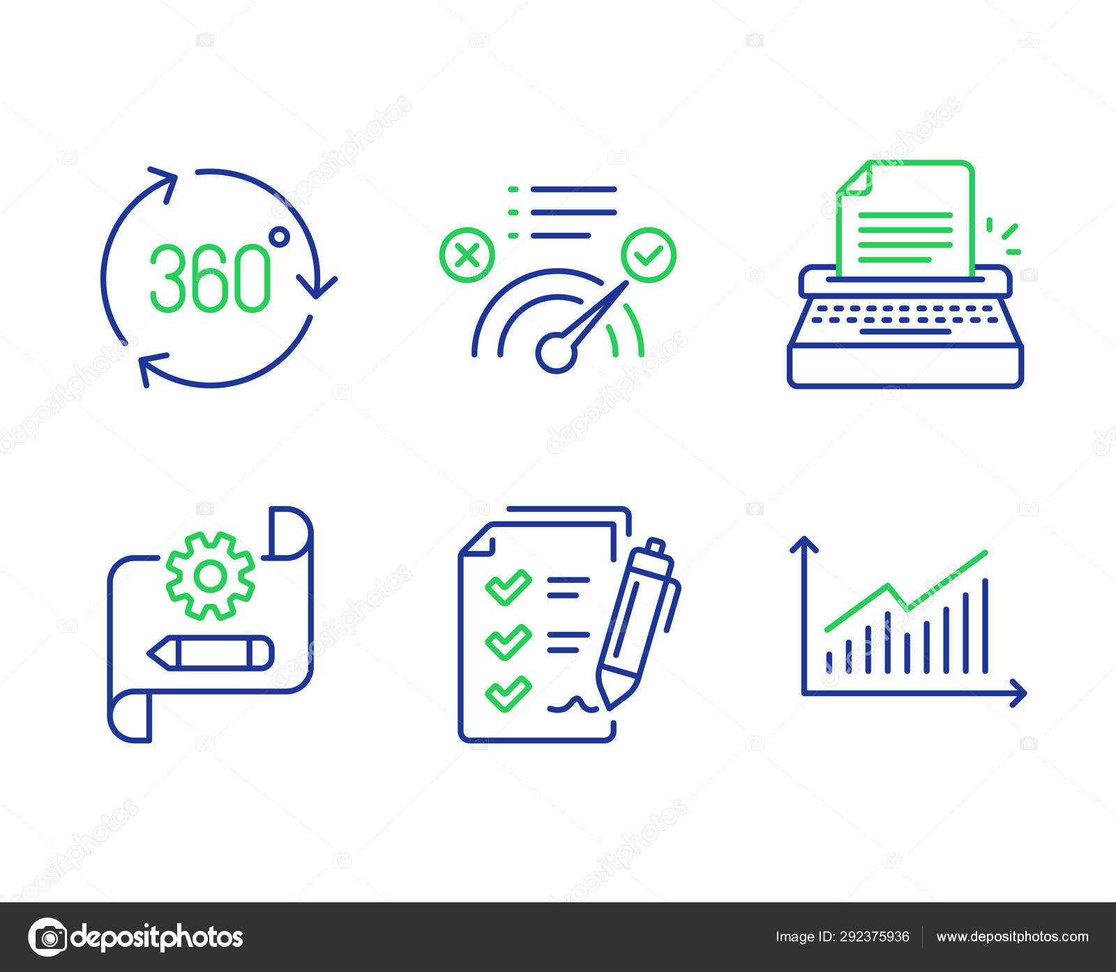 360 degree, Survey checklist and Correct answer icons set. Cogwh ...