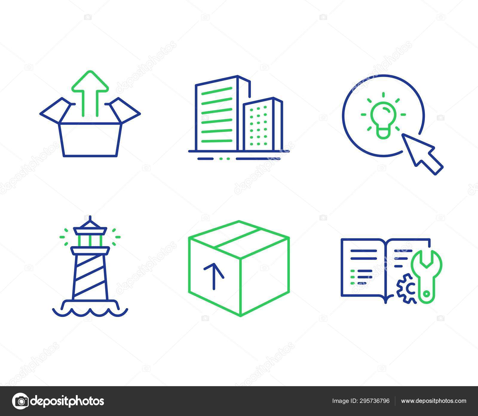 Energy, Buildings and Lighthouse icons set. Package, Send box and Engineering documentation ...