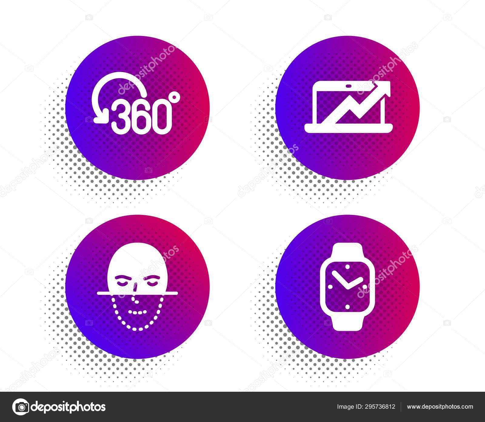 Sales diagram, Full rotation and Face recognition icons set. Smartwatch ...