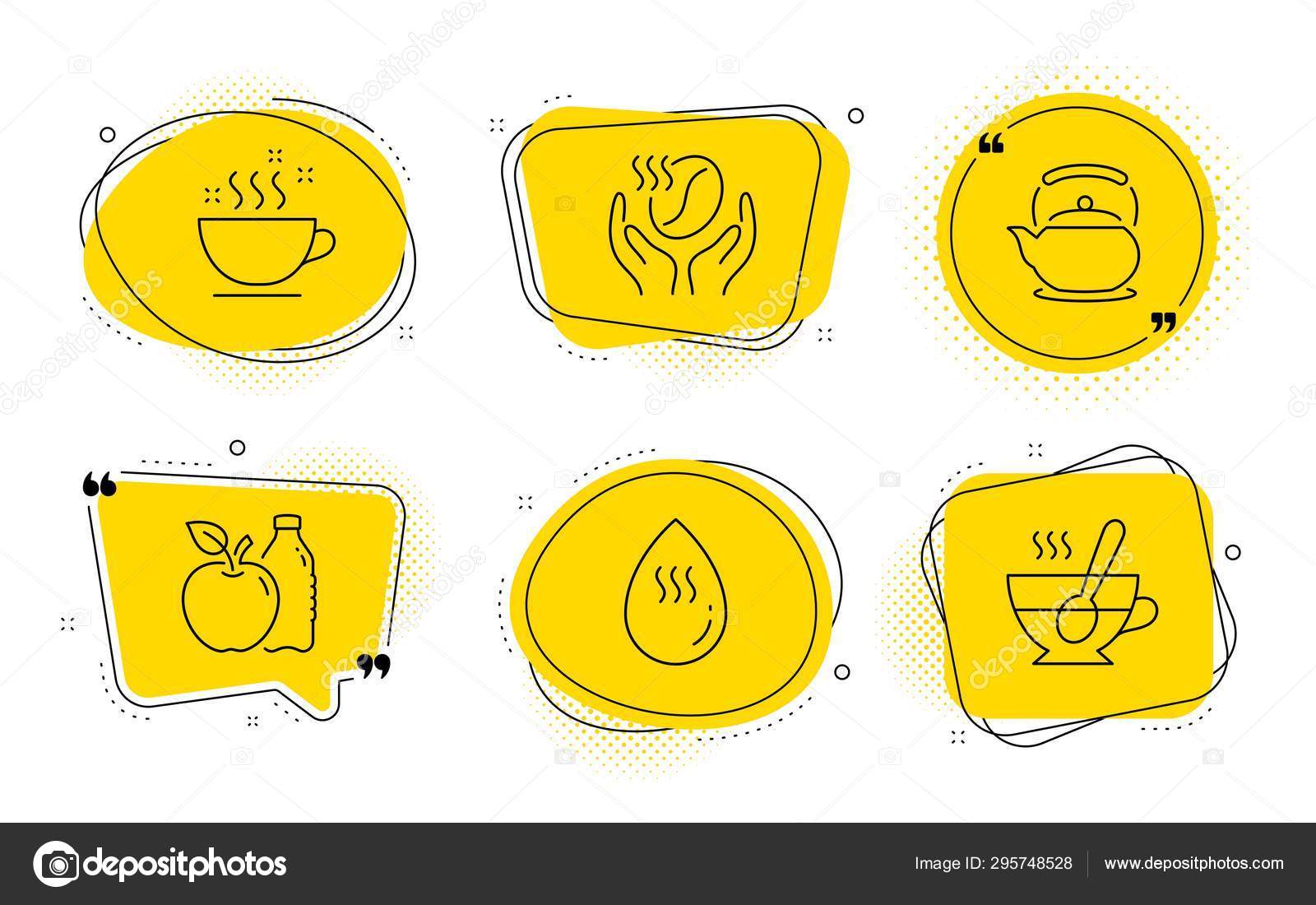 Apple, Coffee and Teapot icons set. Coffee cup, Hot water and Tea cup ...