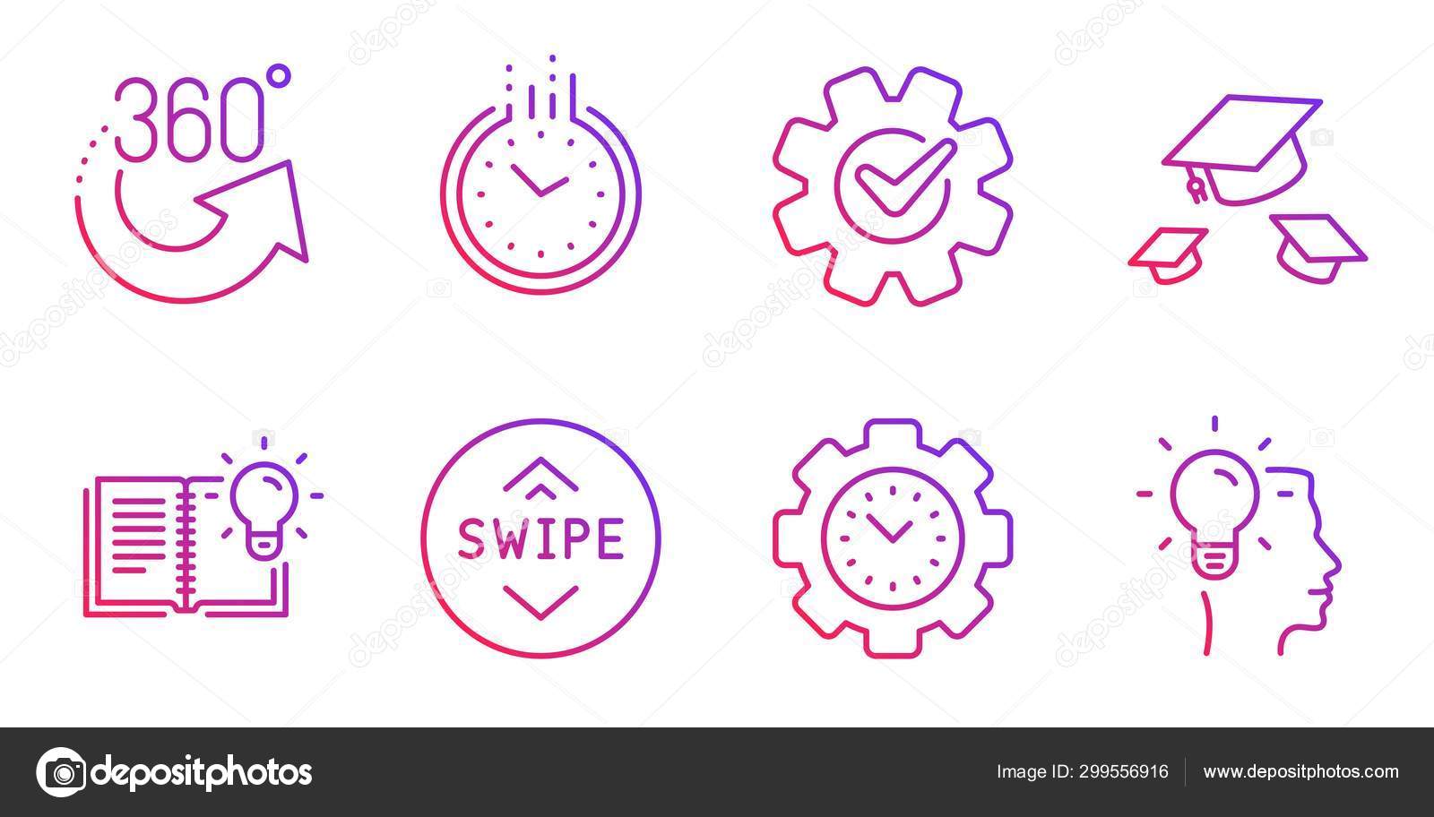 Product knowledge, 360 degrees and Cogwheel icons set. Time, Time ...