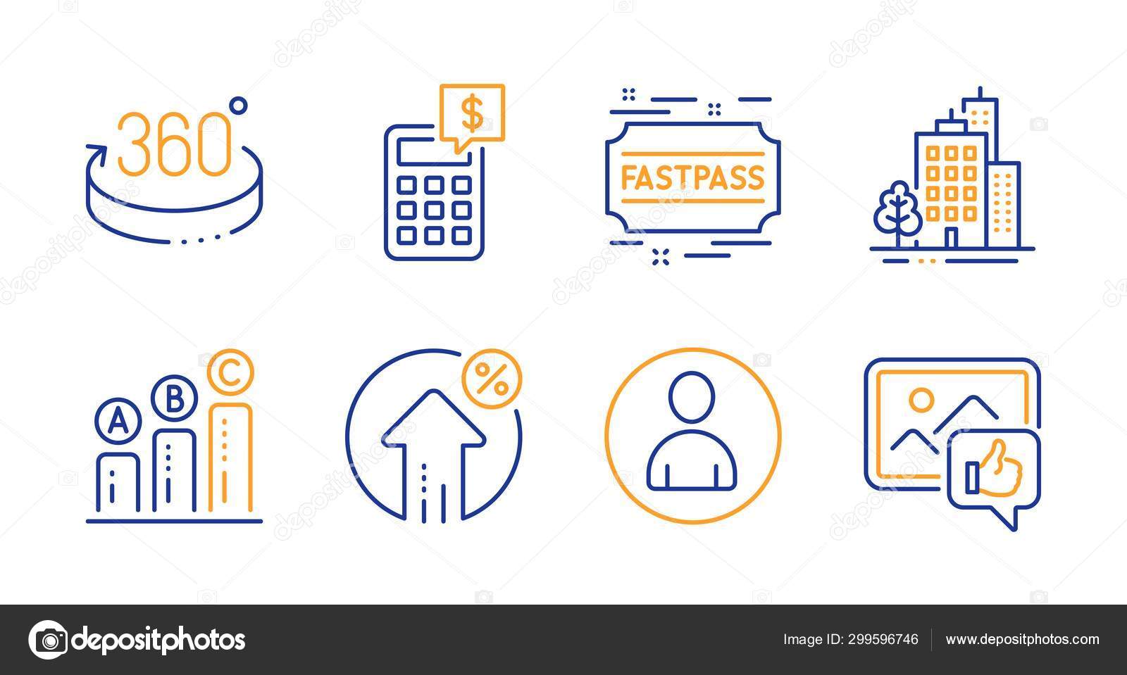 Loan percent, Calculator and Buildings icons set. Avatar, Fastpass and Graph chart signs. Vector ...