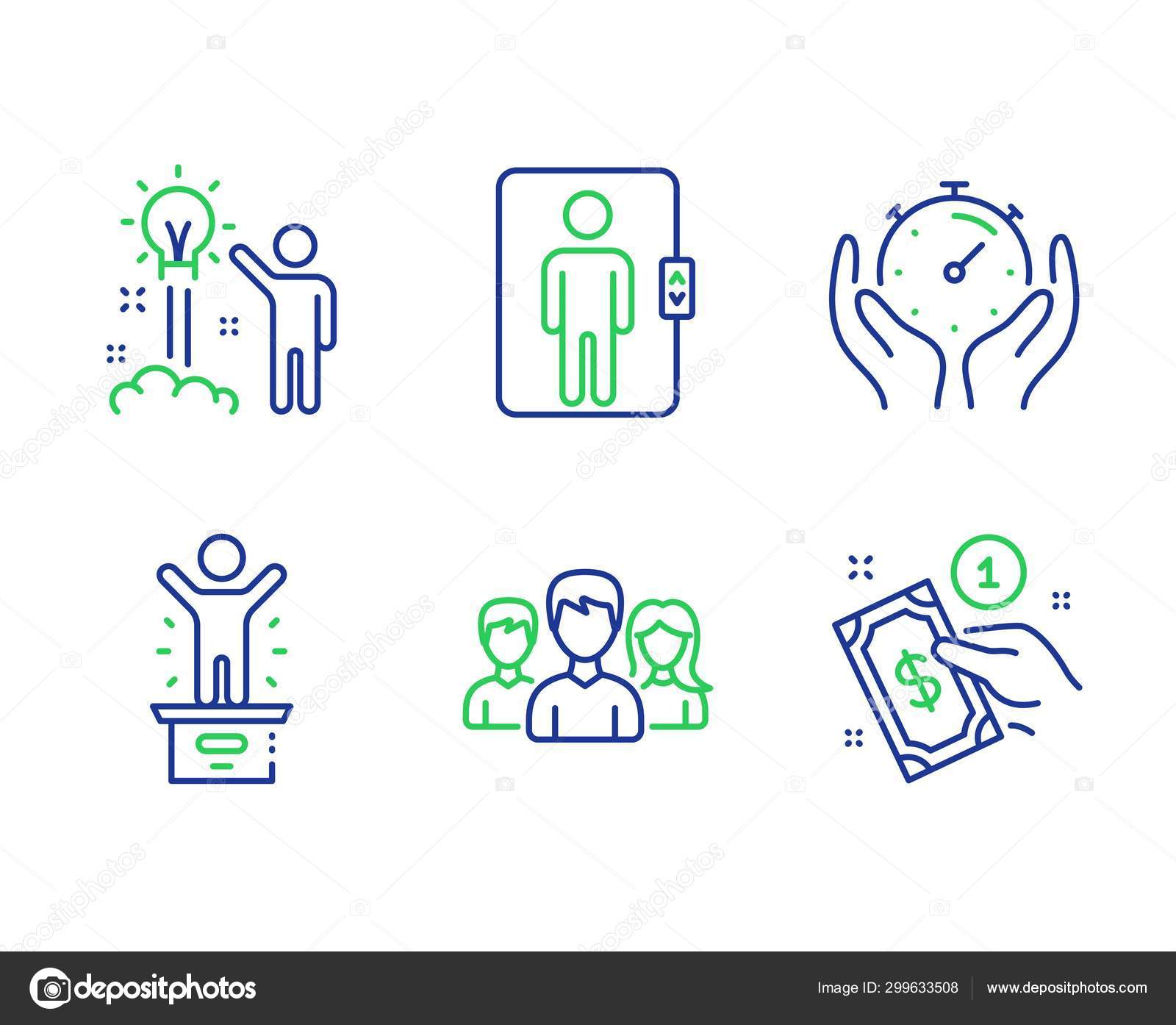 Elevator, Creative idea and Teamwork icons set. Timer, Winner podium and Payment method signs ...