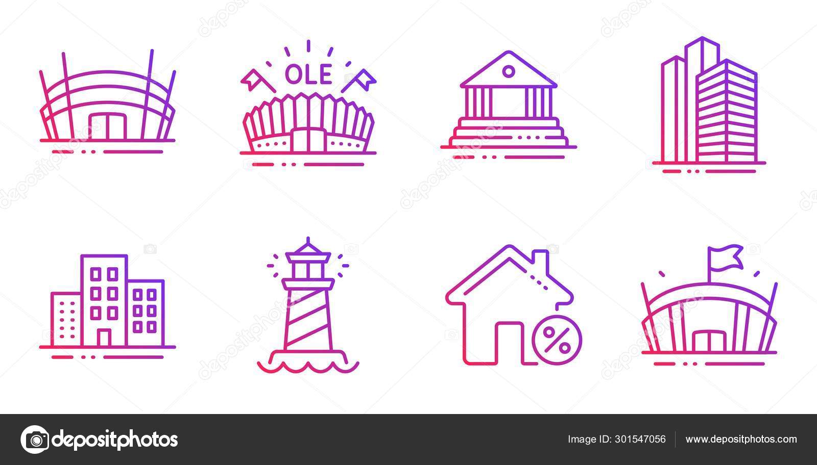 Buildings, Arena stadium and Skyscraper buildings icons set. Loan house ...
