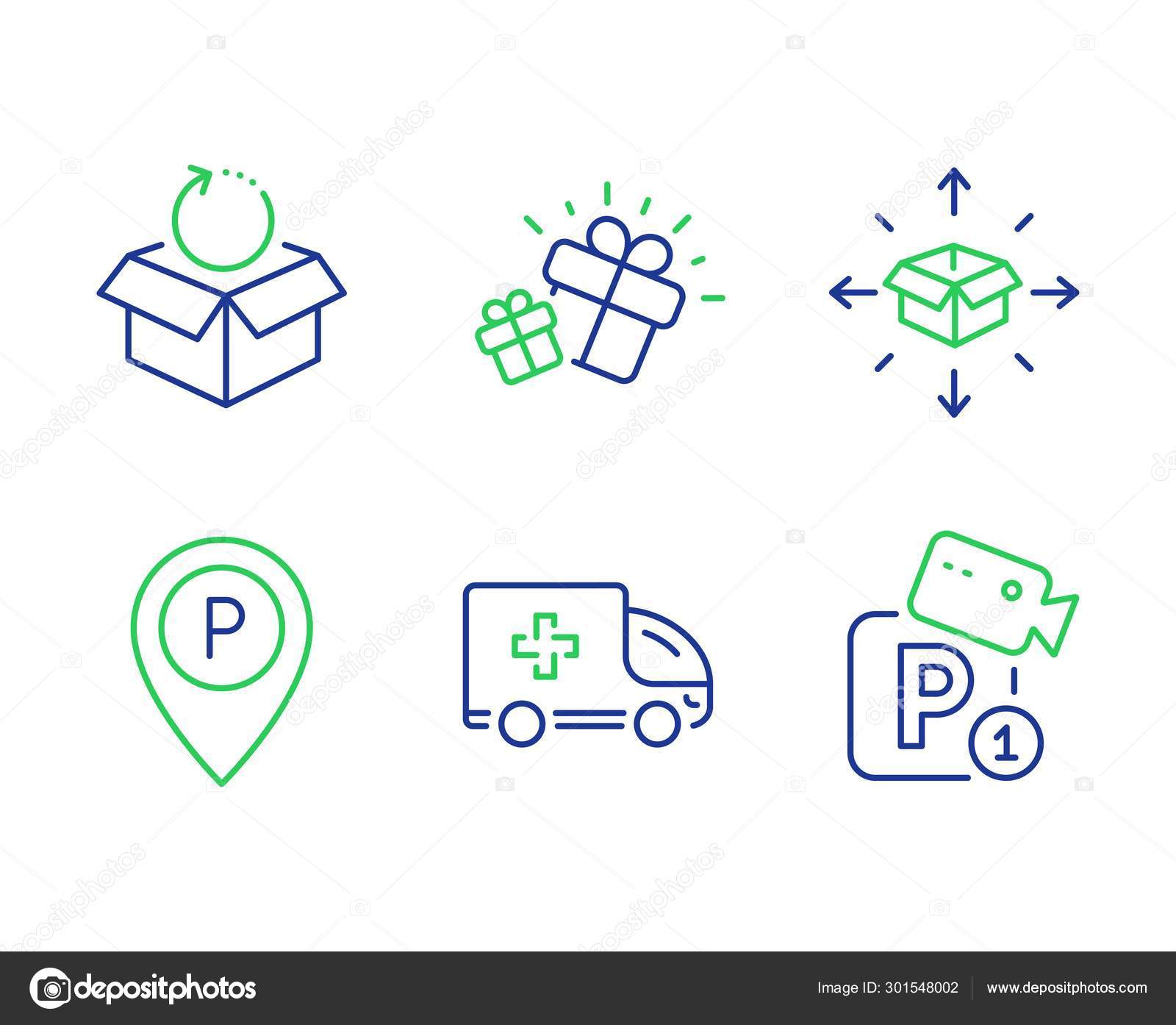 Parcel delivery, Ambulance emergency and Parking icons set. Gift ...