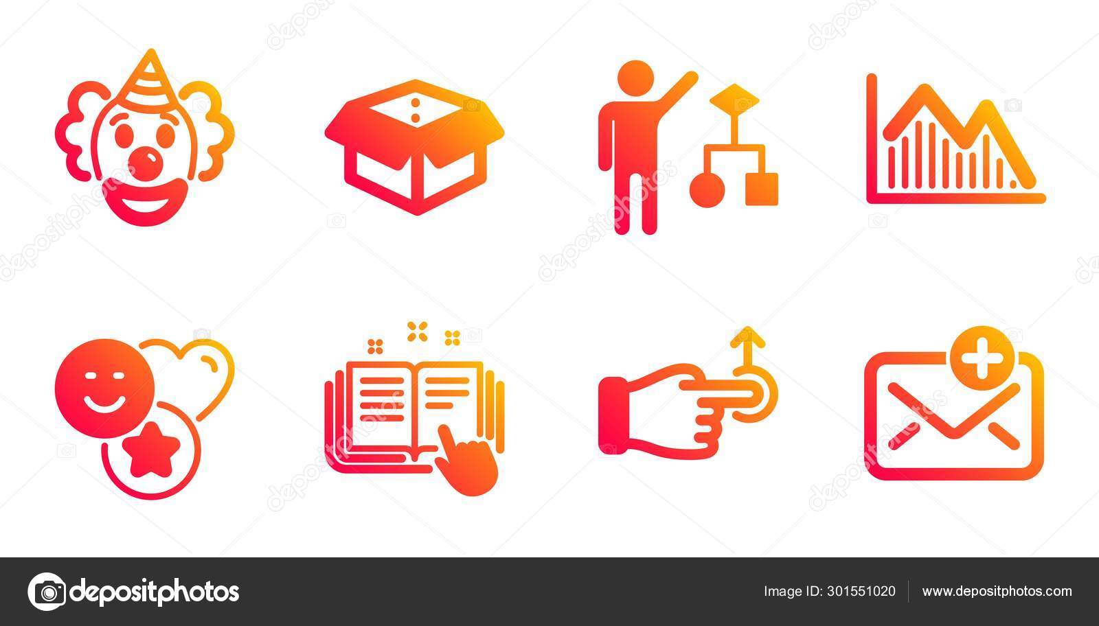 Technical documentation, Clown and Smile icons set. Algorithm, Open box and Drag drop signs ...