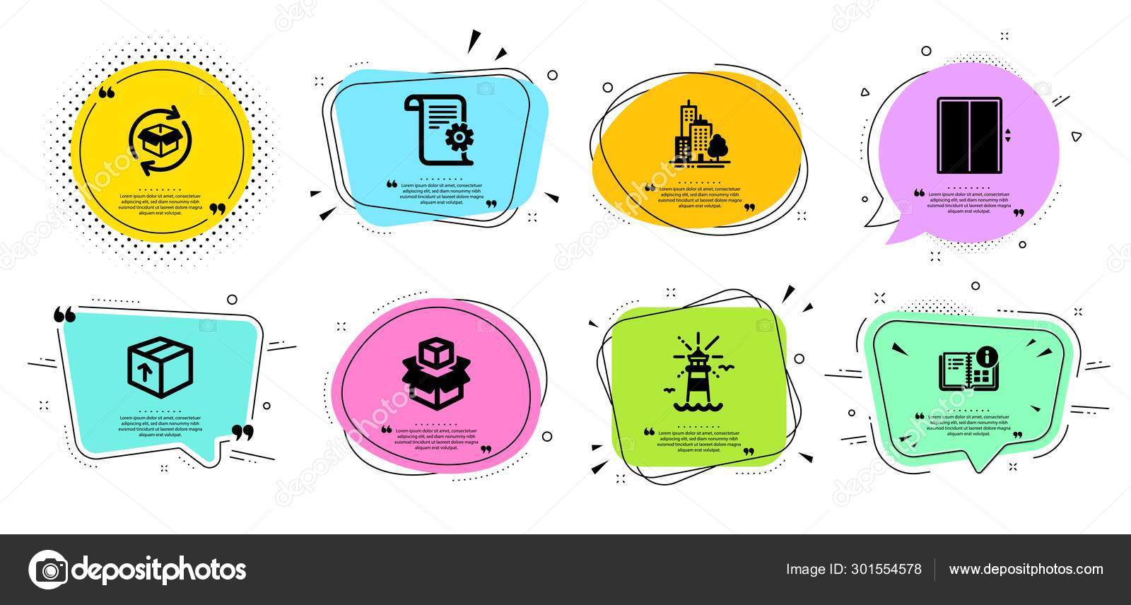 Instruction info, Return parcel and Packing boxes icons set. Lighthouse, Skyscraper buildings ...