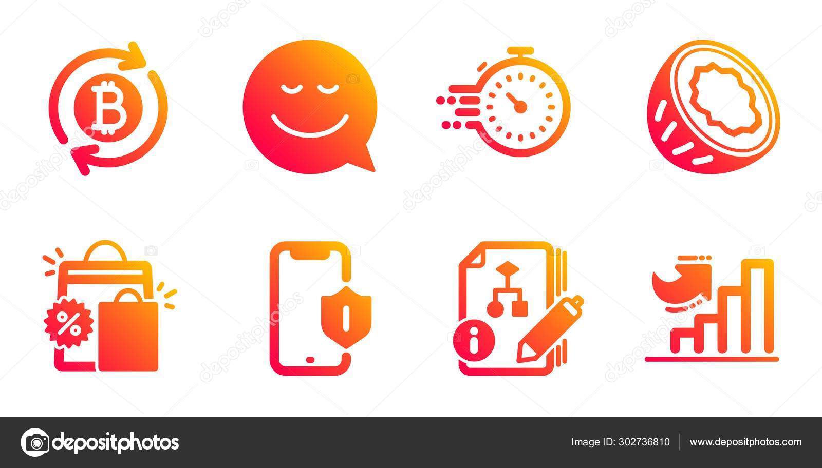 Coconut, Refresh bitcoin and Smile icons set. Timer, Algorithm and Shopping bags signs. Vector ...