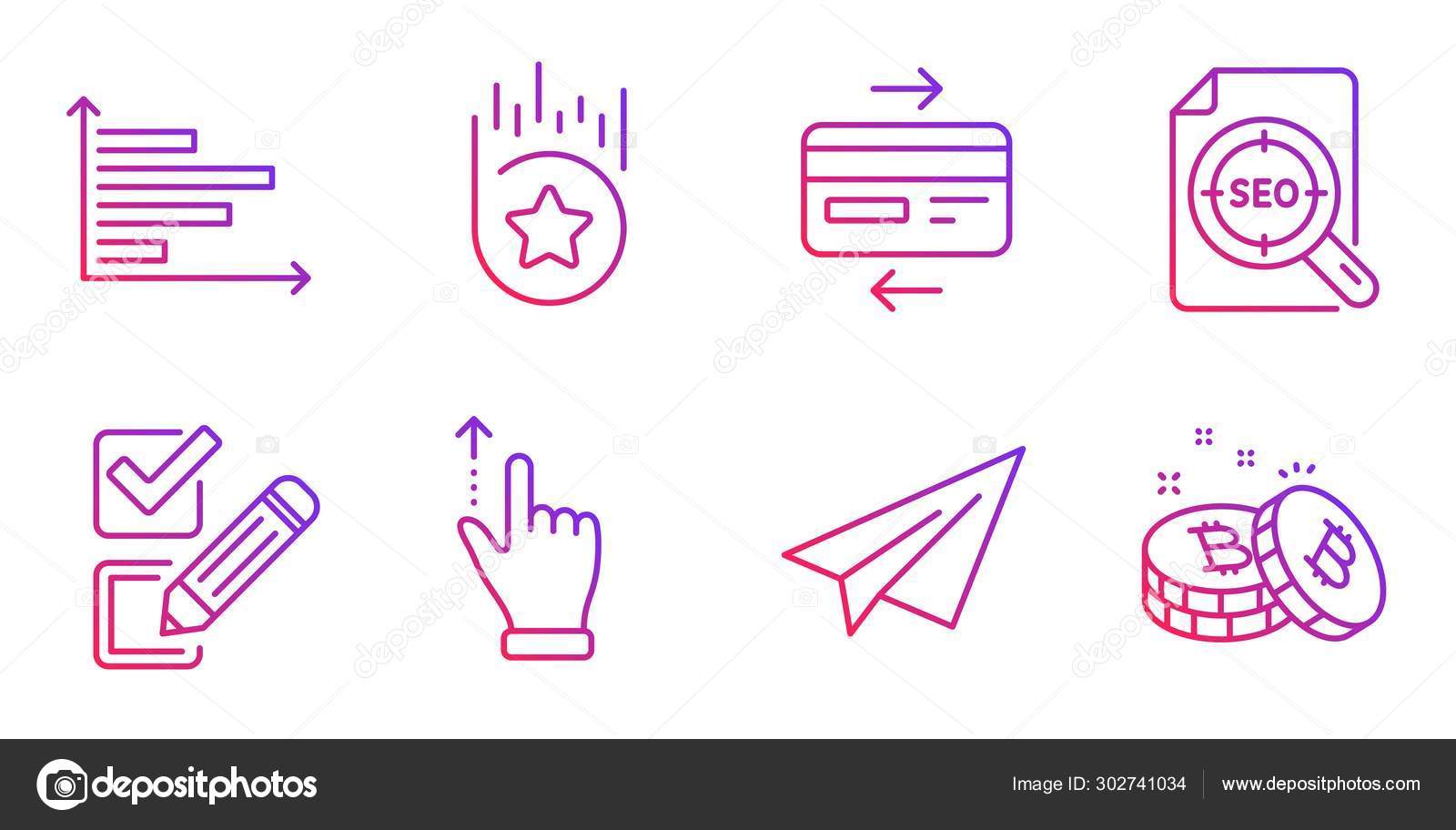 Loyalty star, Touchscreen gesture and Checkbox icons set. Horizontal chart, Paper plane and Seo ...