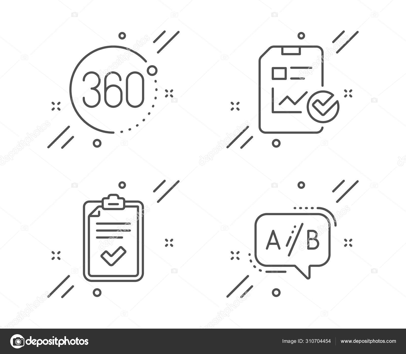 360 degrees, Report checklist and Checklist icons set. Ab testing sign ...