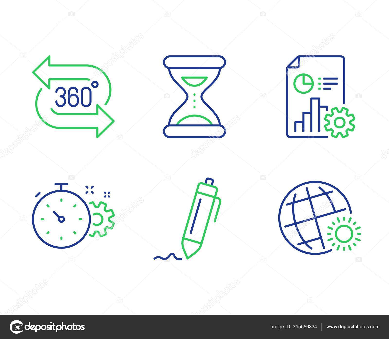 Cogwheel timer, Report and Time icons set. 360 degree, Signature and World weather signs. Vector ...