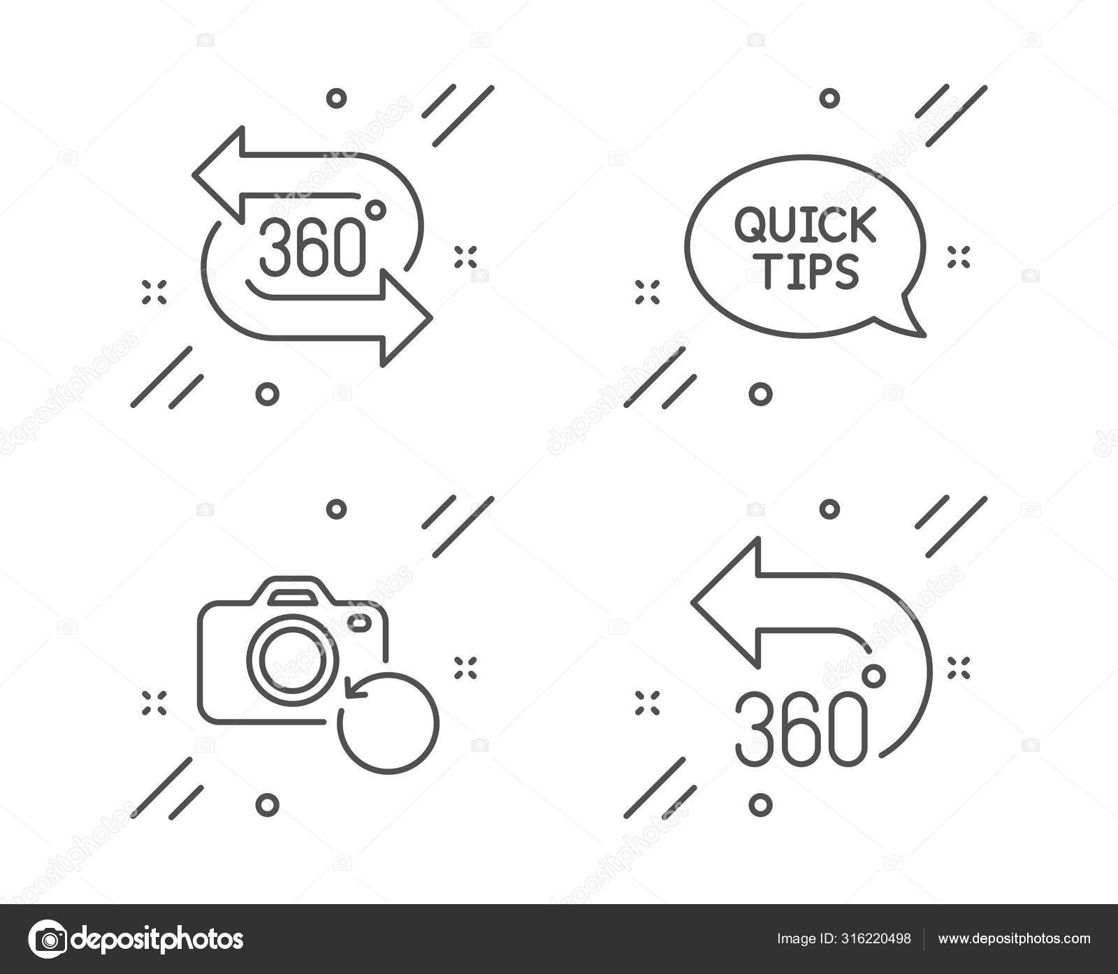 Quickstart guide, Recovery photo and 360 degree icons set. 360 degrees sign. Vector Stock Vector ...