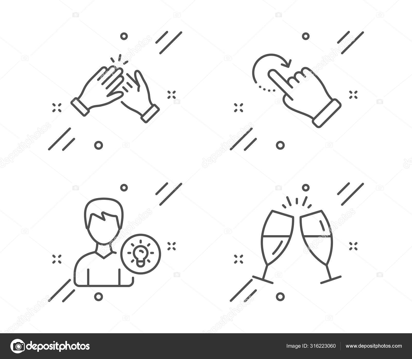 Clapping hands, Person idea and Rotation gesture icons set. Champagne glasses sign. Clap, Lamp ...