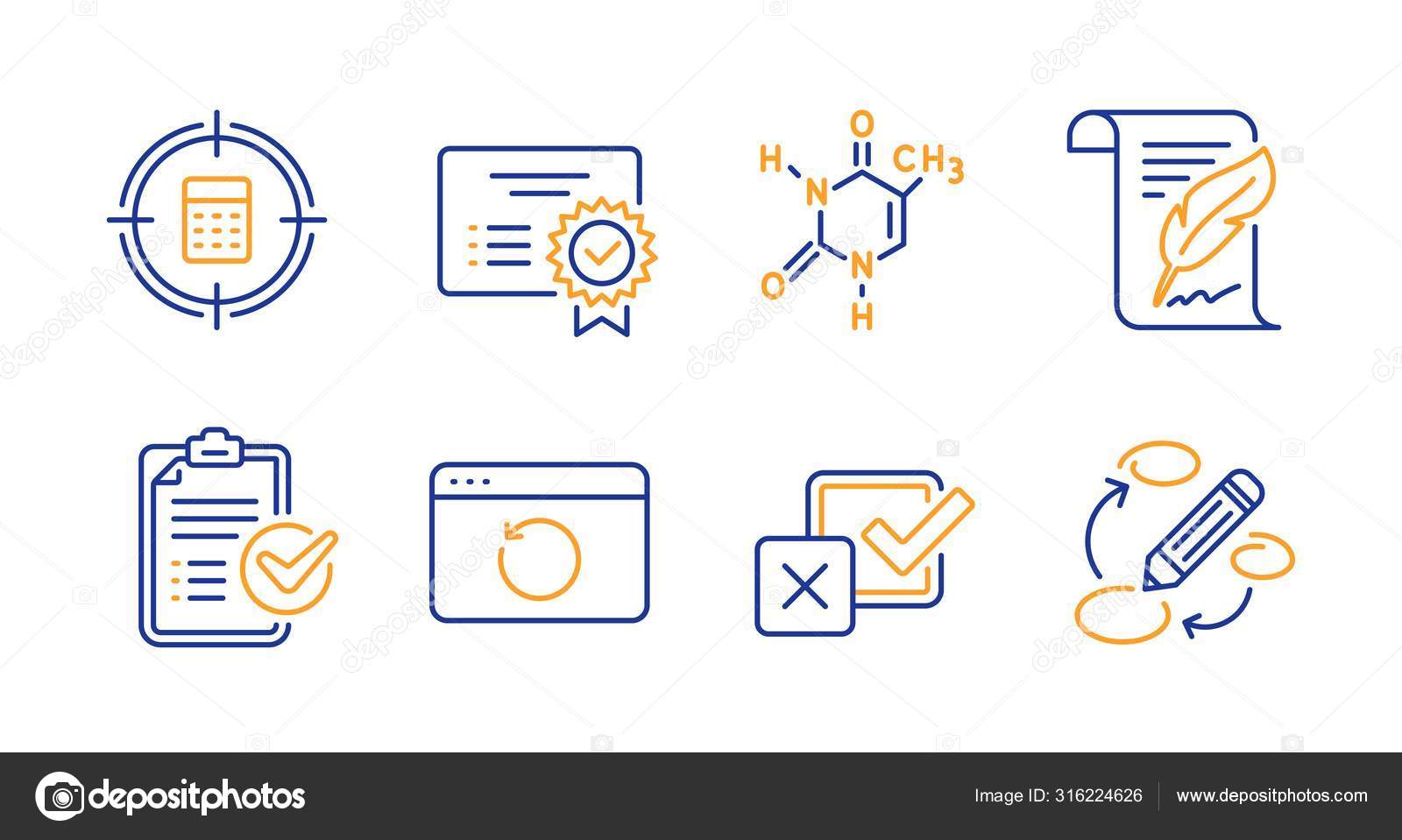Certificate, Chemical formula and Checkbox icons set. Feather, Survey checklist and Calculator ...