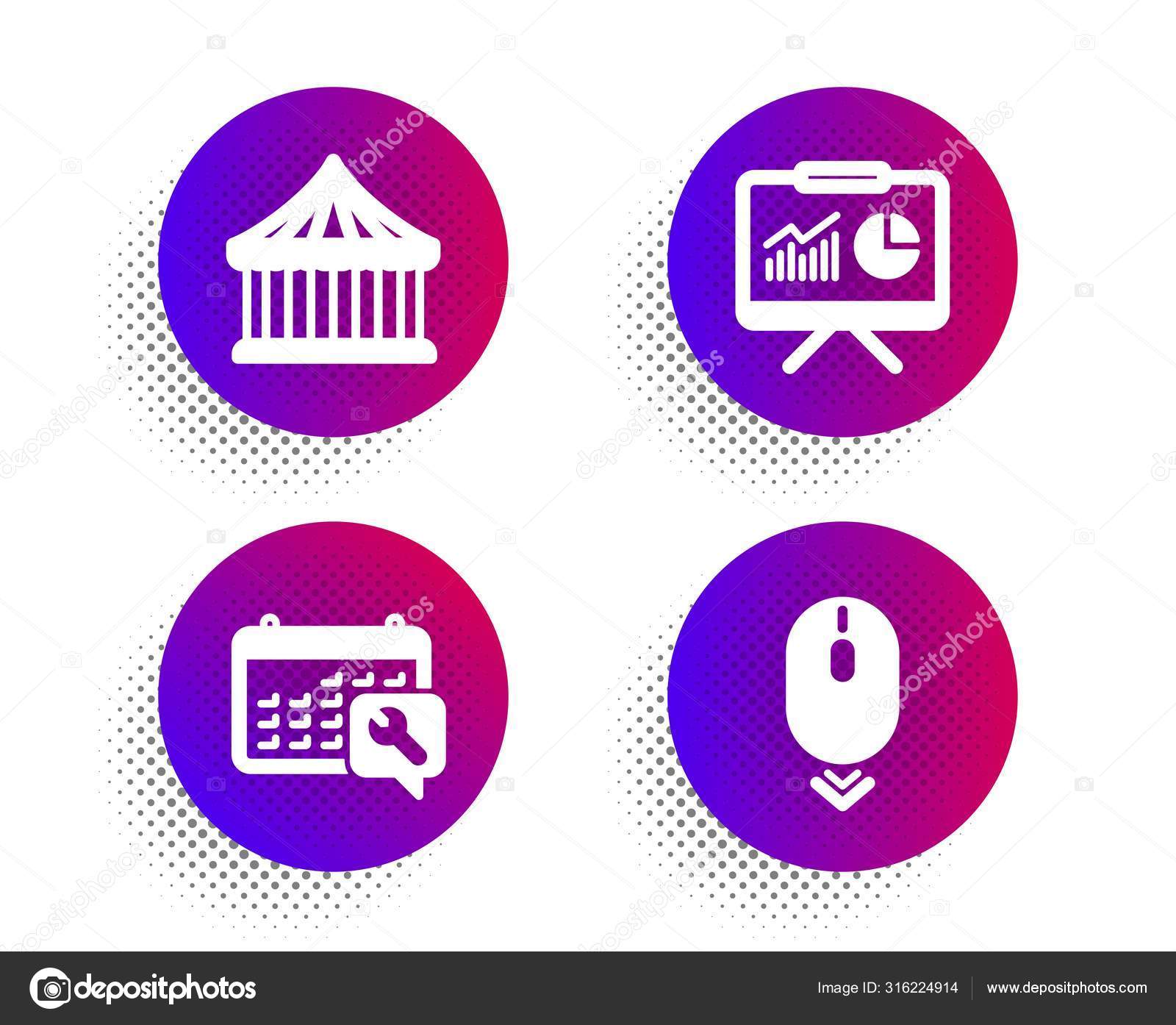 Spanner, Carousels and Presentation icons set. Scroll down sign. Vector — Stock Vector ...