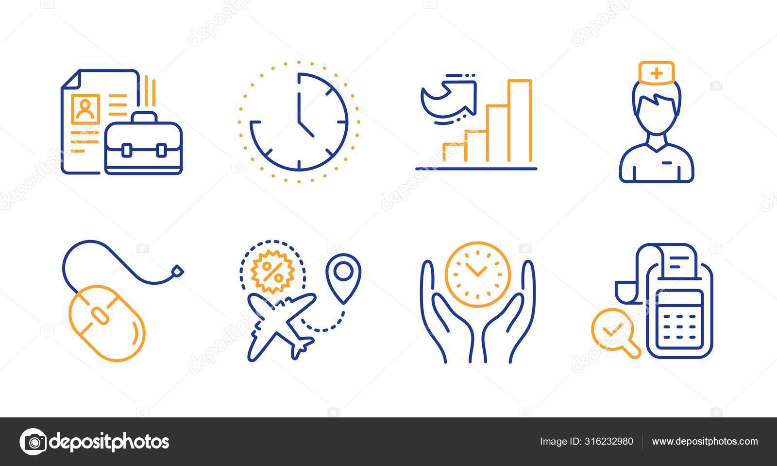 Vacancy, Time and Growth chart icons set. Doctor, Flight sale and ...