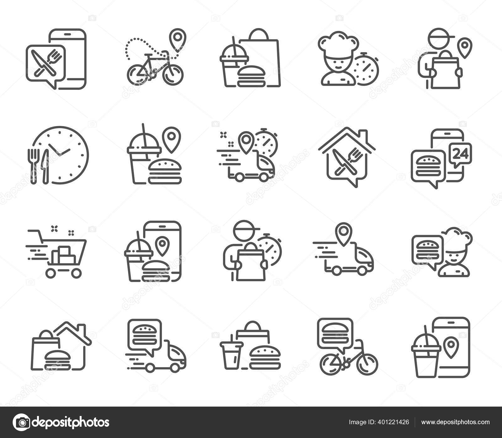 Food Delivery Line Icons Courier Deliveryman Grocery Retail Delivery Truck Stock Vector Image by ...