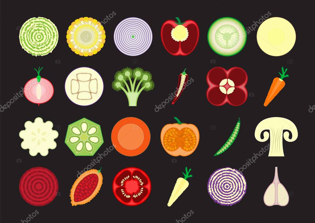 Conjunto de verduras. Verduras coloridas cortadas por la mitad ...