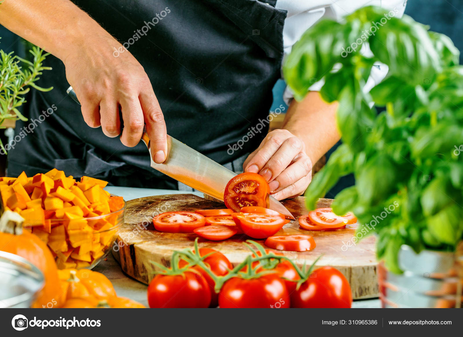 Cropped Shot Male Chef Cutting Fresh Tomatoes Stock Photo by ...