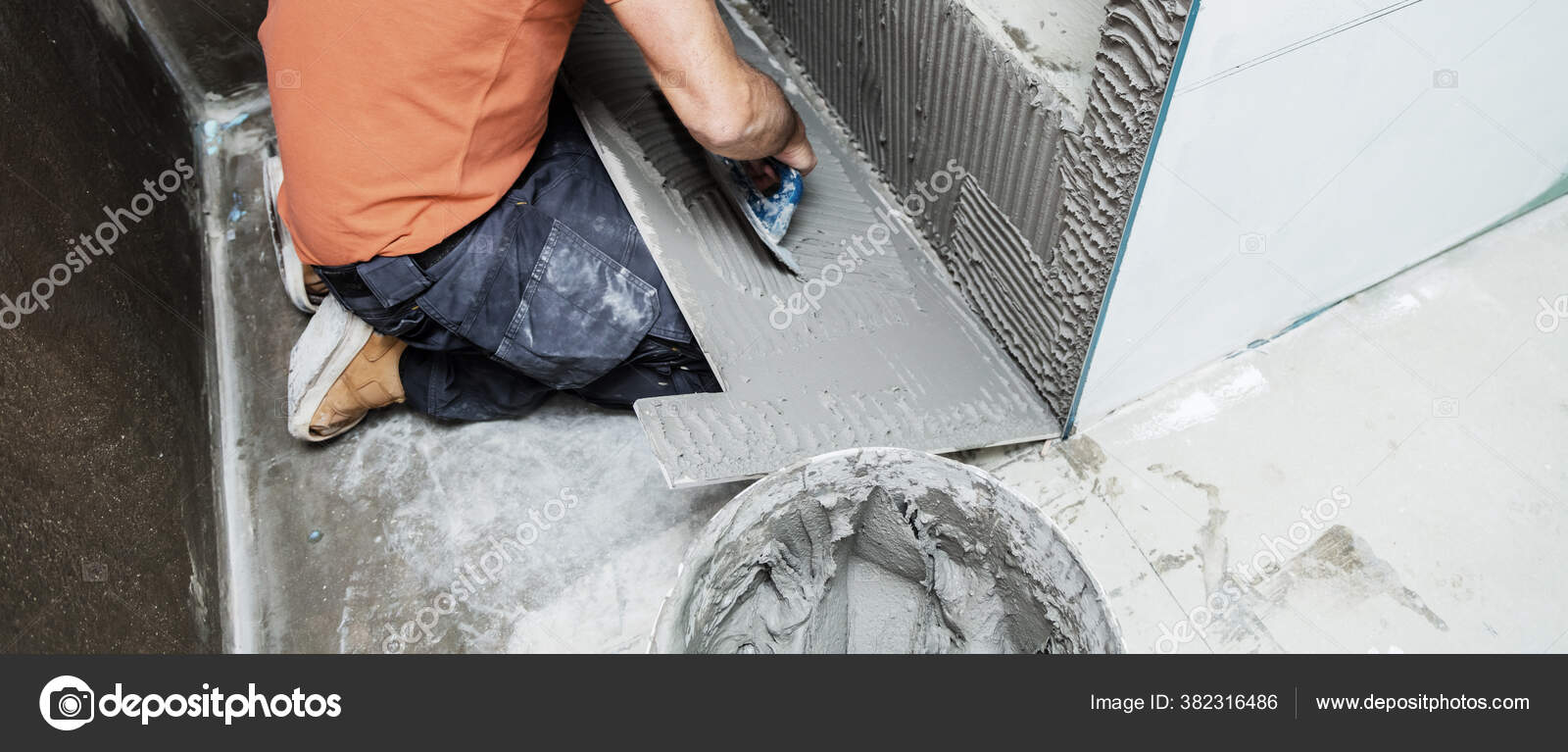High Angle View Professional Tiler Installing Tiles Home Indoors ...