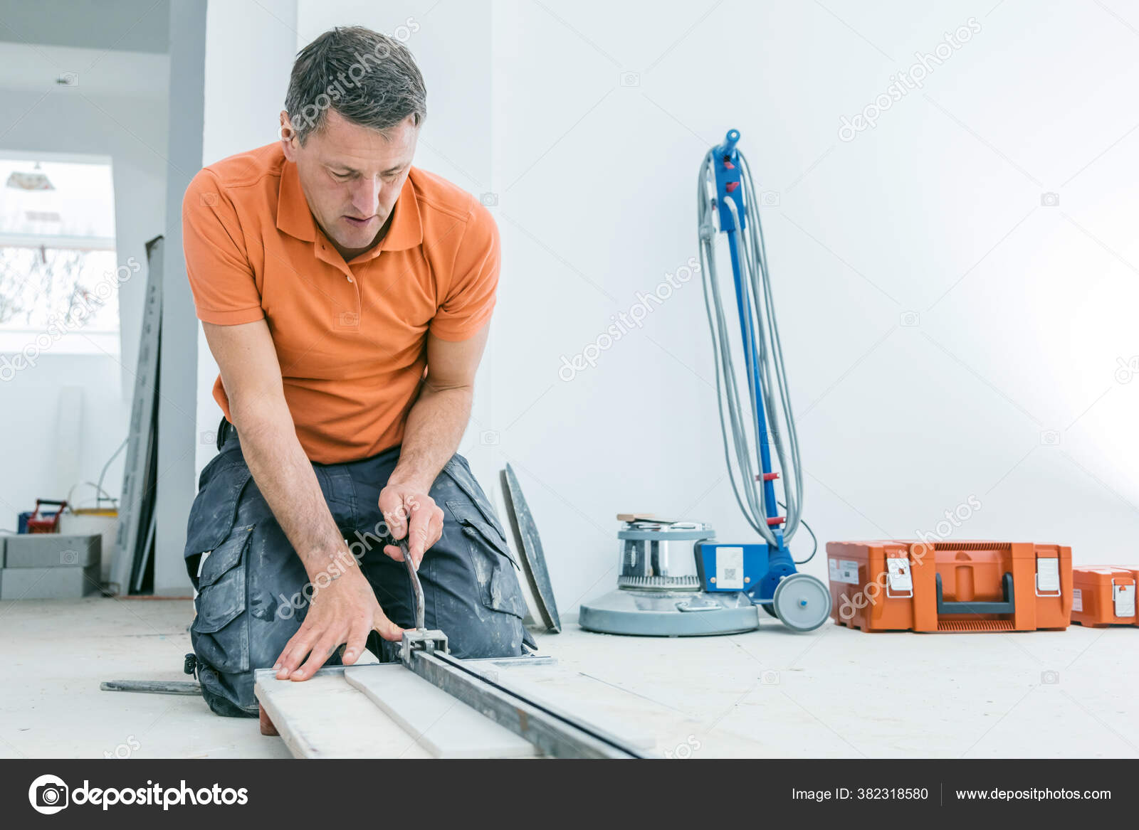 Professional Tiler Installing Tiles Home Indoors Renovation Stock Photo ...