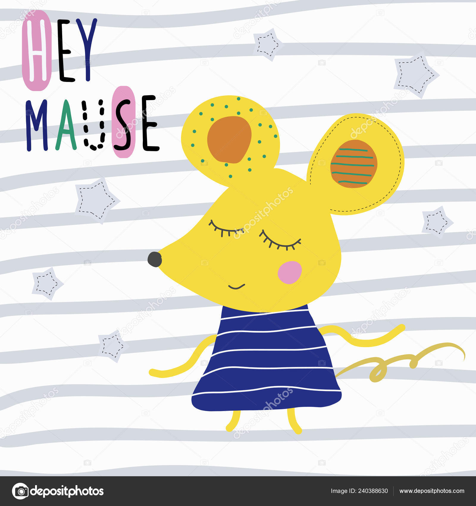 Póster con ratón lindo de dibujos animados y lema divertido Hey Mouse ...