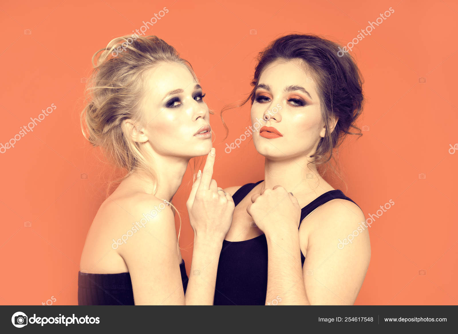 Two Beautiful Girls Models Studio Bright Background Stock Photo by ...
