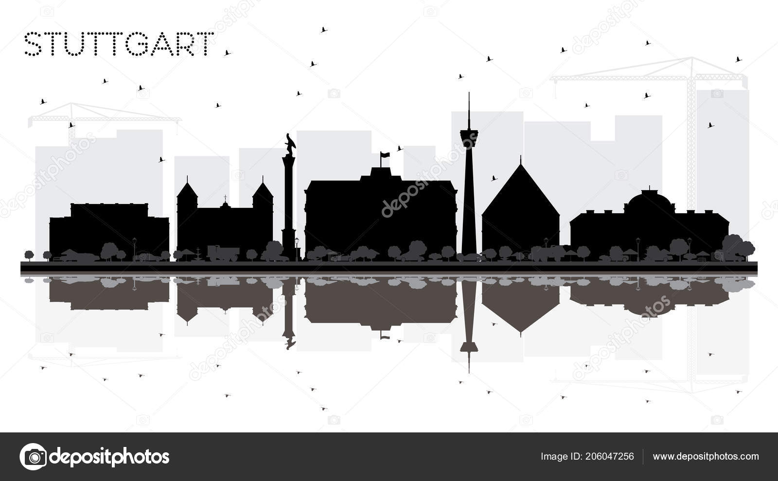 Stuttgart Germany City Skyline Black White Silhouette Reflections Vector Illustration Stock ...