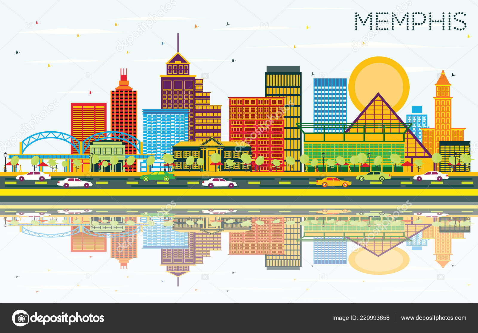 Memphis Tennessee Skyline Color Buildings Blue Sky Reflections Vector ...
