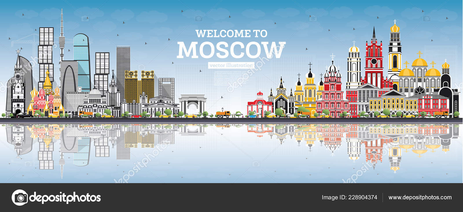 Welcome Moscow Russia Skyline Gray Buildings Blue Sky Reflections ...