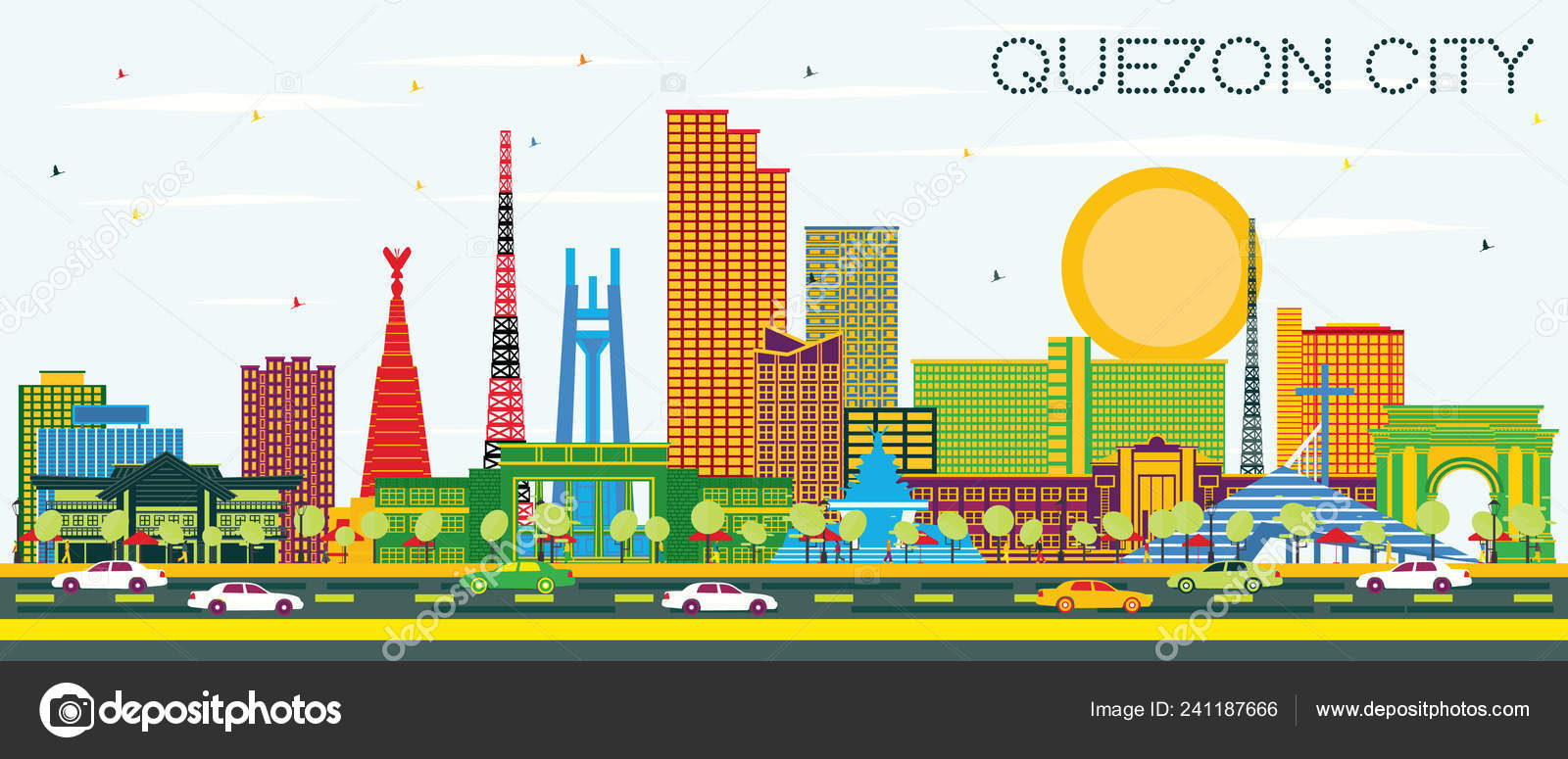 Quezon City Philippines City Skyline Color Buildings Blue Sky Vector ...