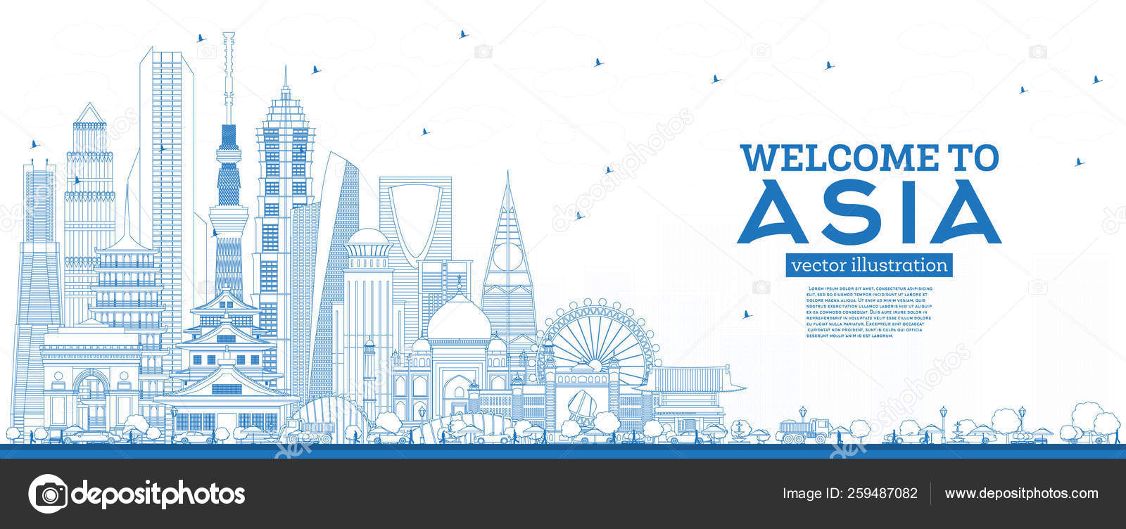 Outline Welcome to Asia Skyline with Blue Buildings. Stock Vector by ...