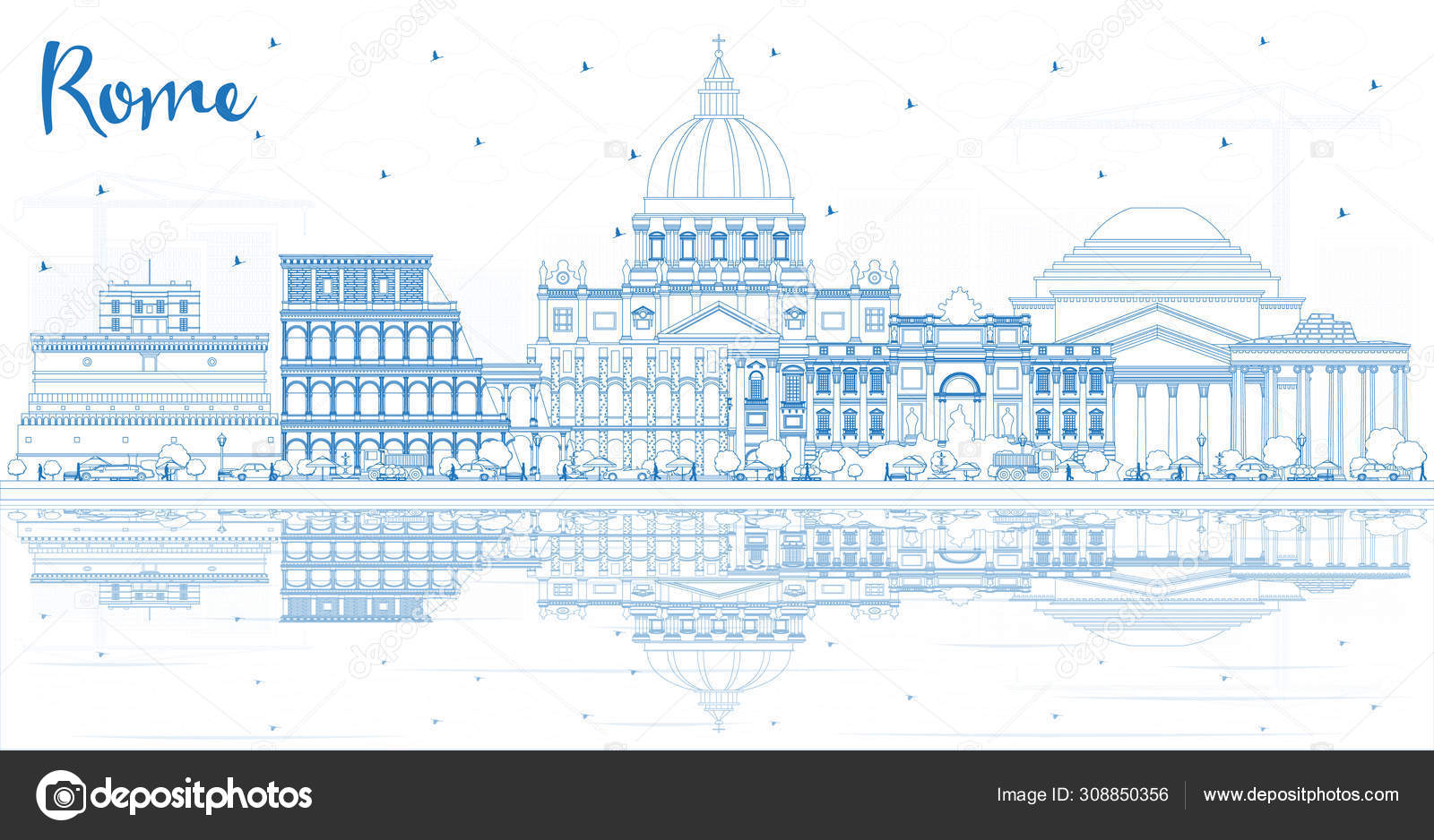 Outline Rome Italy City Skyline with Blue Buildings and Reflecti Stock ...