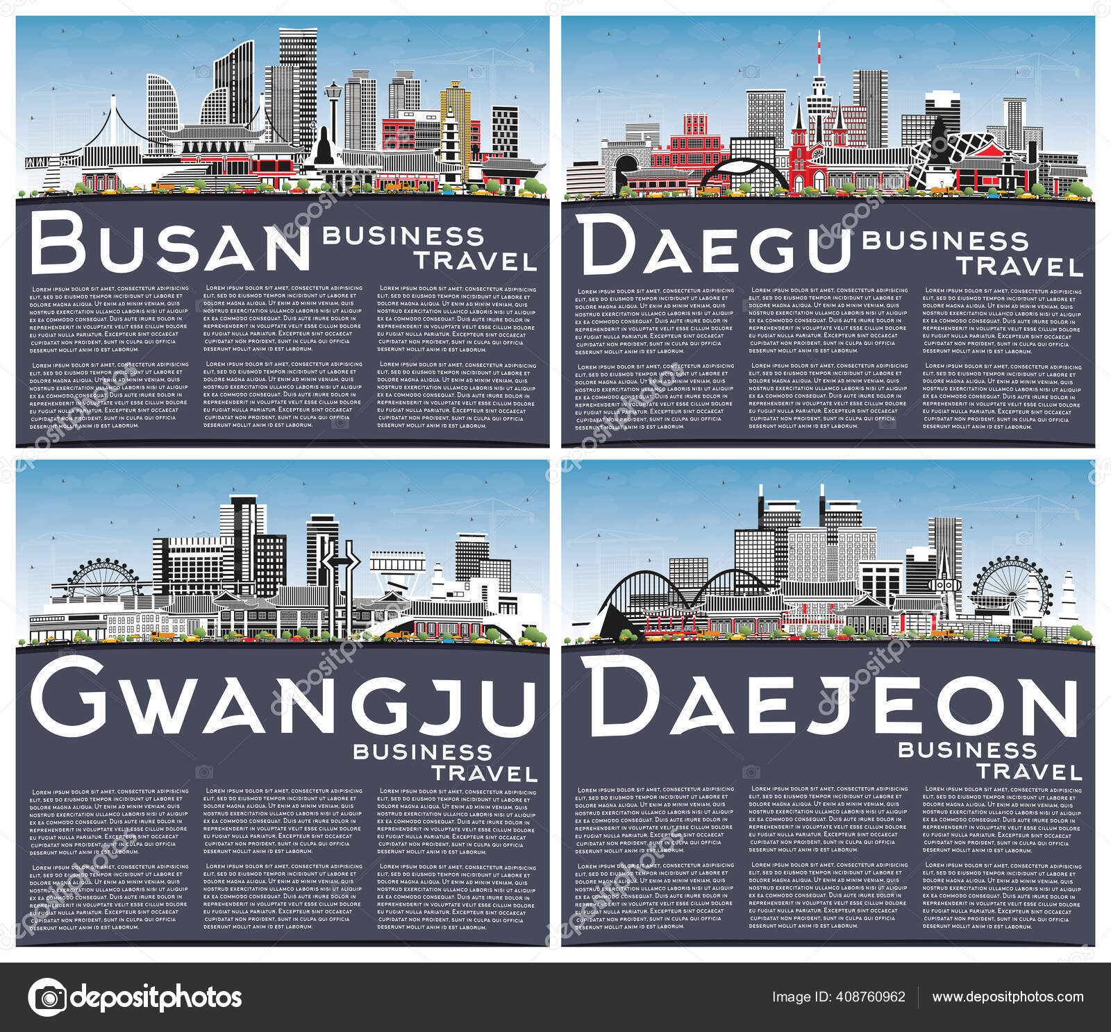 Daejeon Gwangju Daegu Busan Corea Del Sur Skylines Set Con — Foto de ...