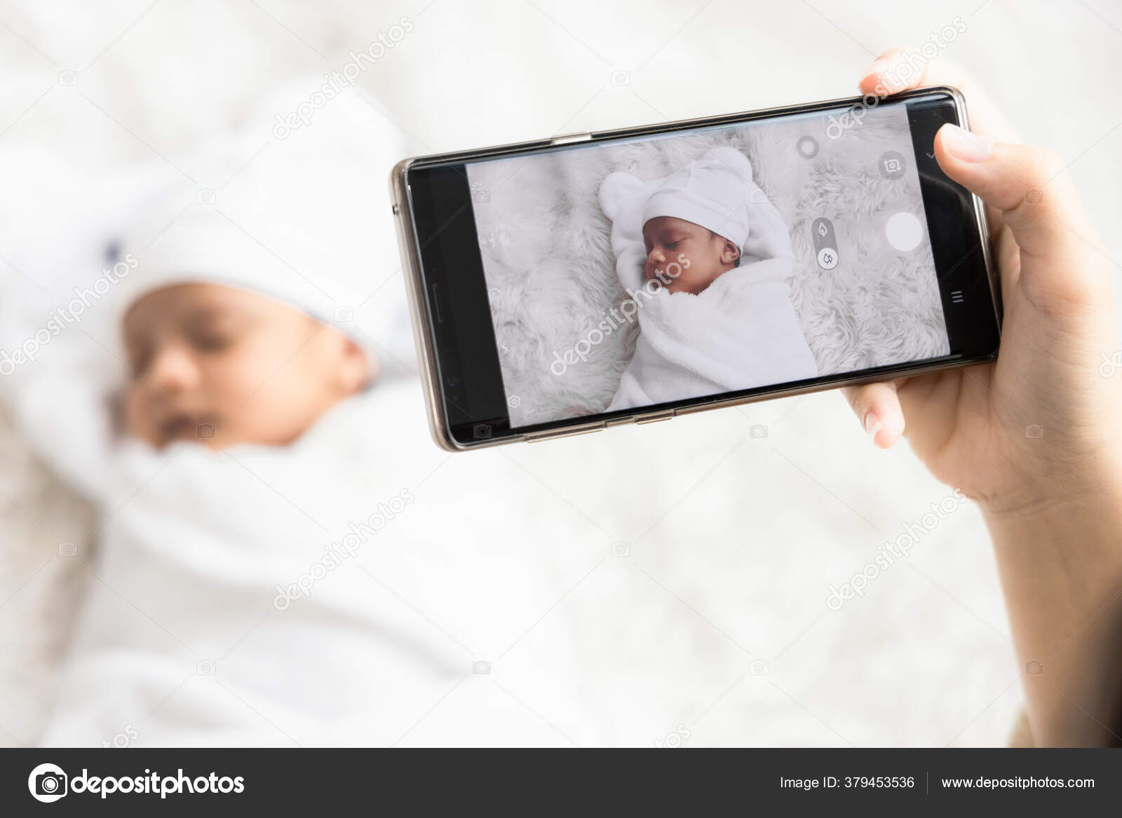 Mother Hand Holding Smartphone Use Taking Photo Cute Newborn Baby Stock ...
