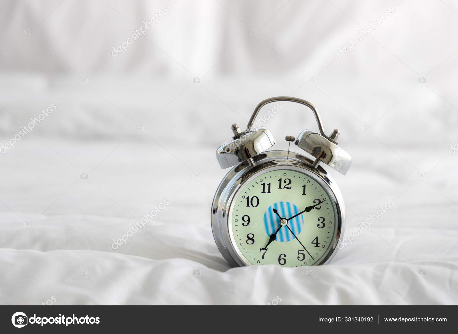 Alarm Clock White Blanket Bed Room — Stock Photo © amornchaijj #381340192
