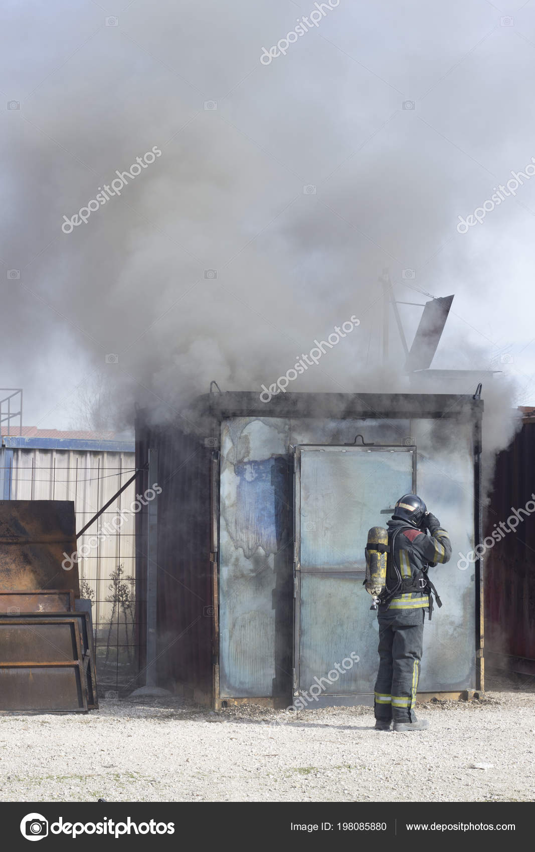 Firefighter Putting Out Fire Training Station Extinguisher Backdraft ...