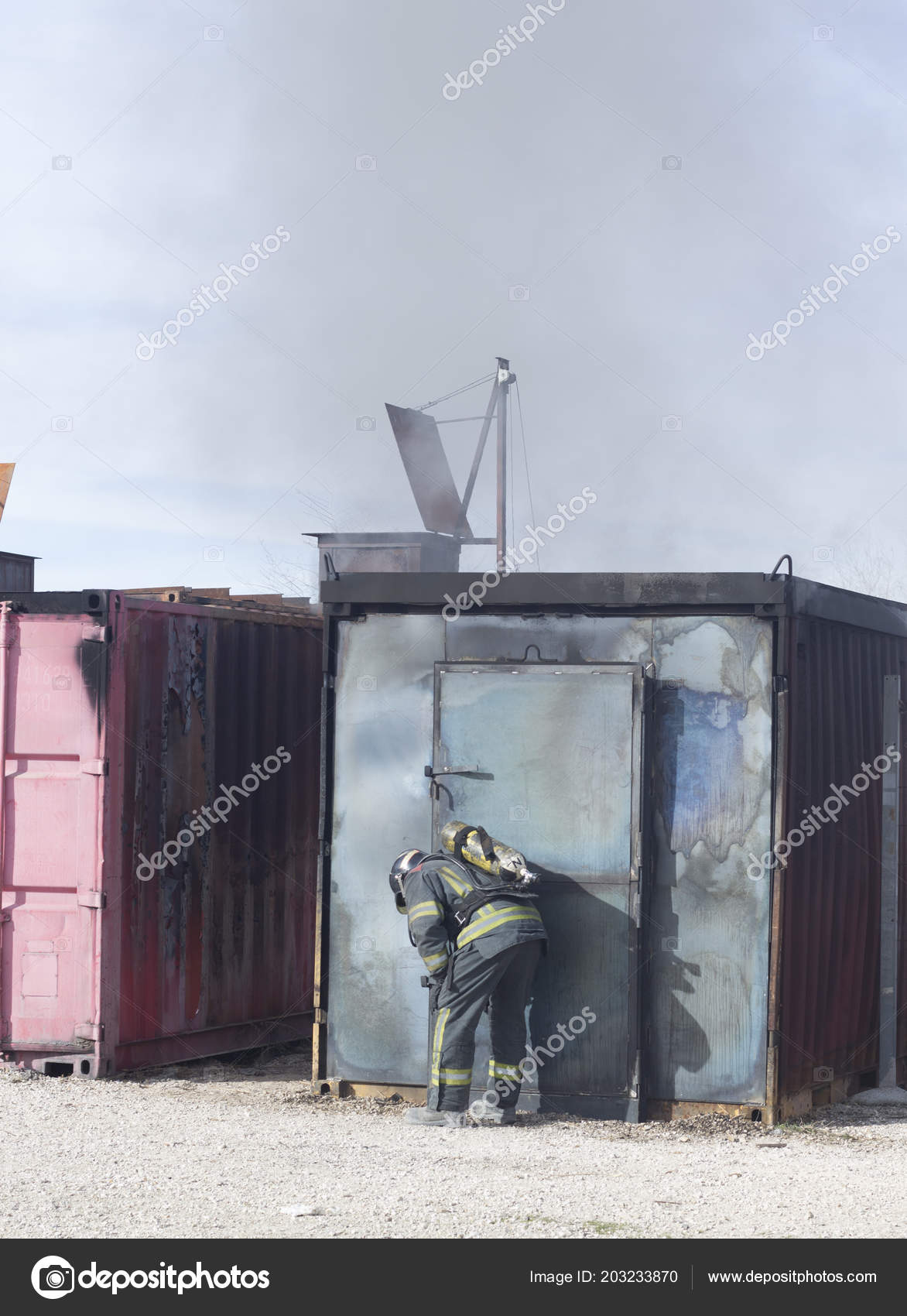 Firefighter Putting Out Fire Training Station Extinguisher Backdraft ...