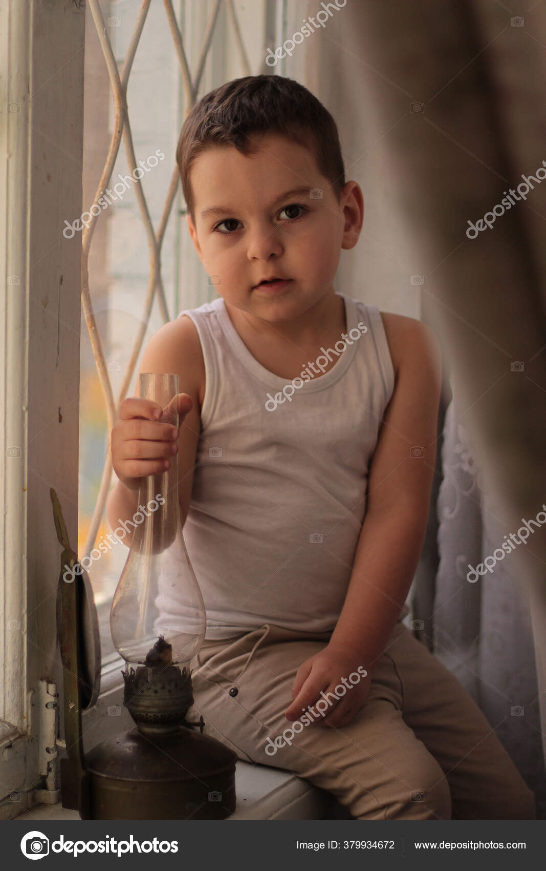 Boy Sitting Window Sill Sad Mood Sit Home — Stock Photo ...