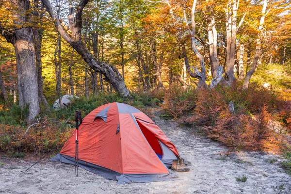 Orange red tent in a campsite with trekking sticks and shoes / Camping ...