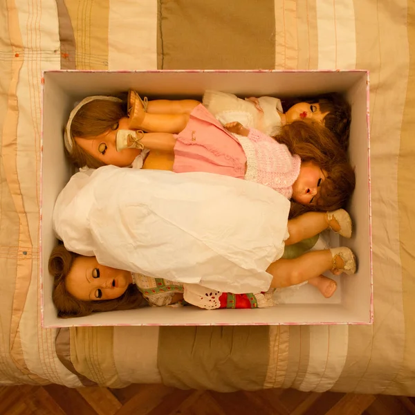 Central open box on a bed full with collectible vintage dolls with warm ...
