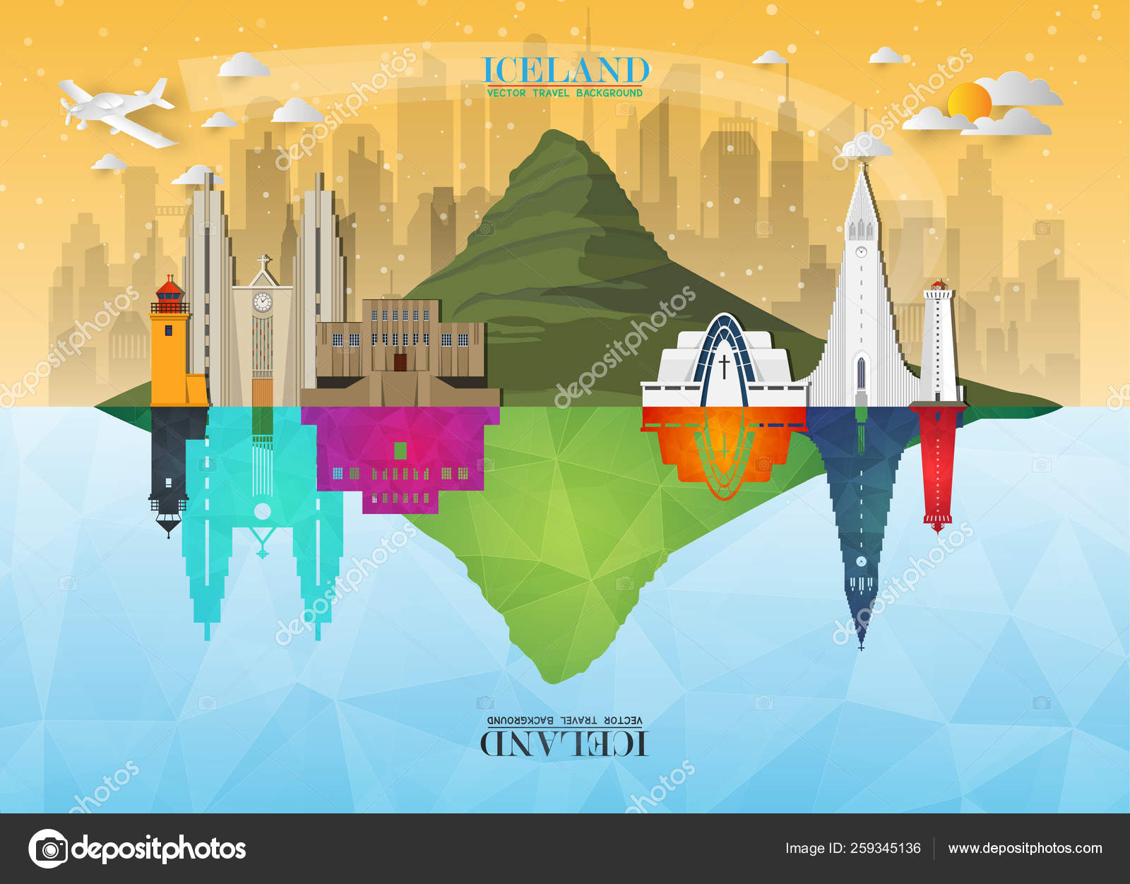 Iceland Landmark Global Travel And Journey paper background. Vec Stock ...