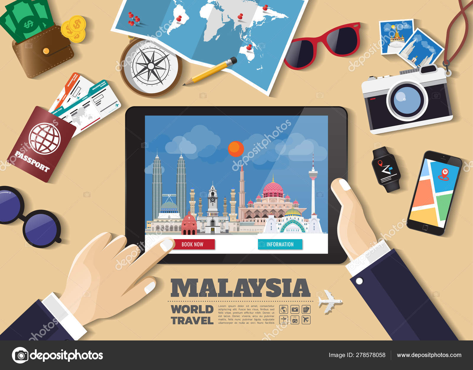 Hand holding smart tablet booking travel destination.Malaysia fa Stock ...
