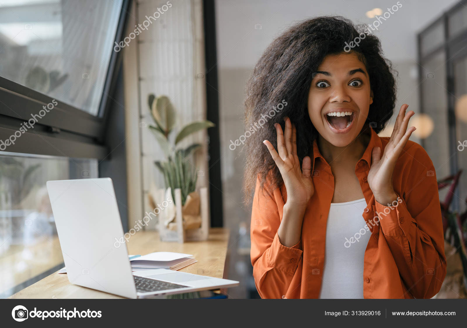 Portrait Young Beautiful African American Blogger Happy Emotional Face ...