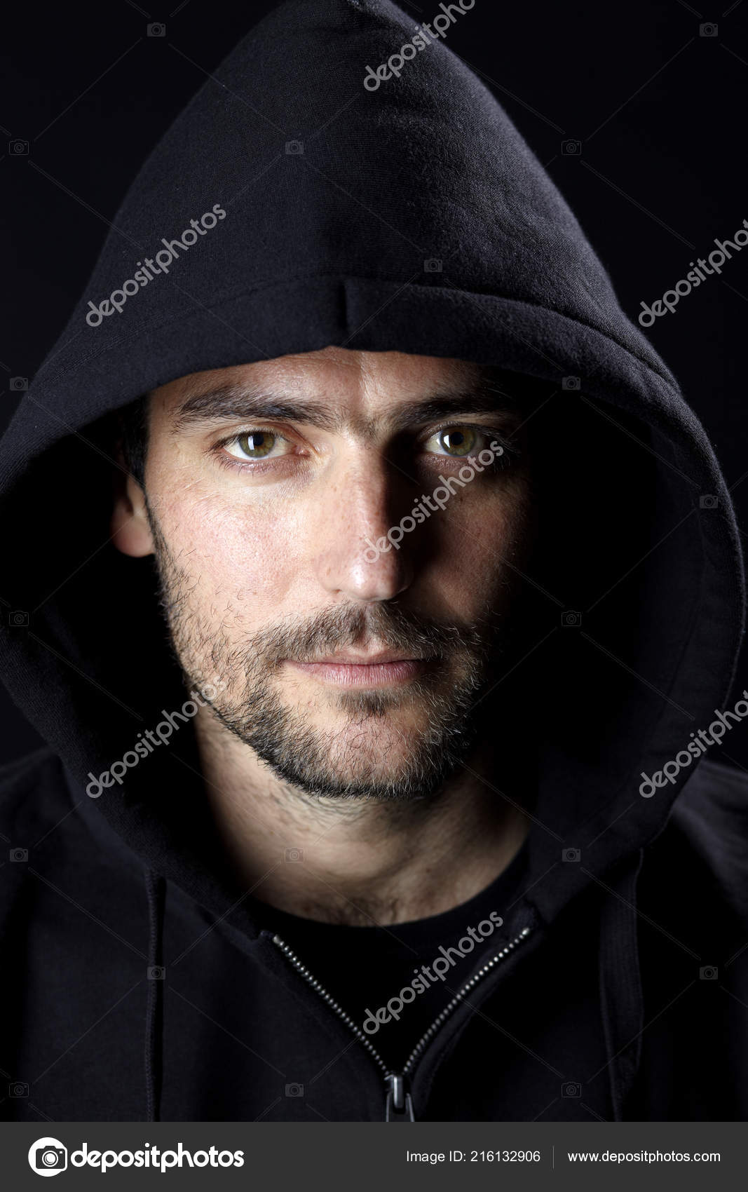 Portrait Serious Captivating Man Wearing Black Hood Looking Camera Dark ...