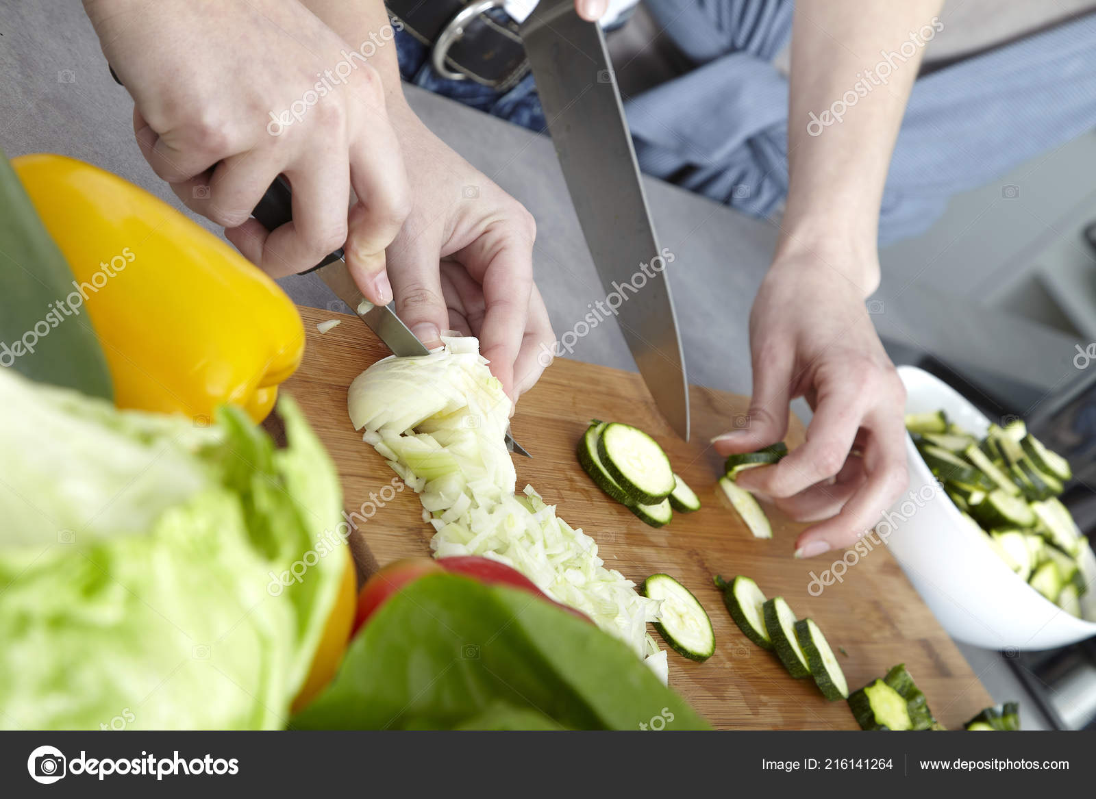 Cooks Knives Cutting Cucumber Onion Wooden Cutting Board Close Stock ...