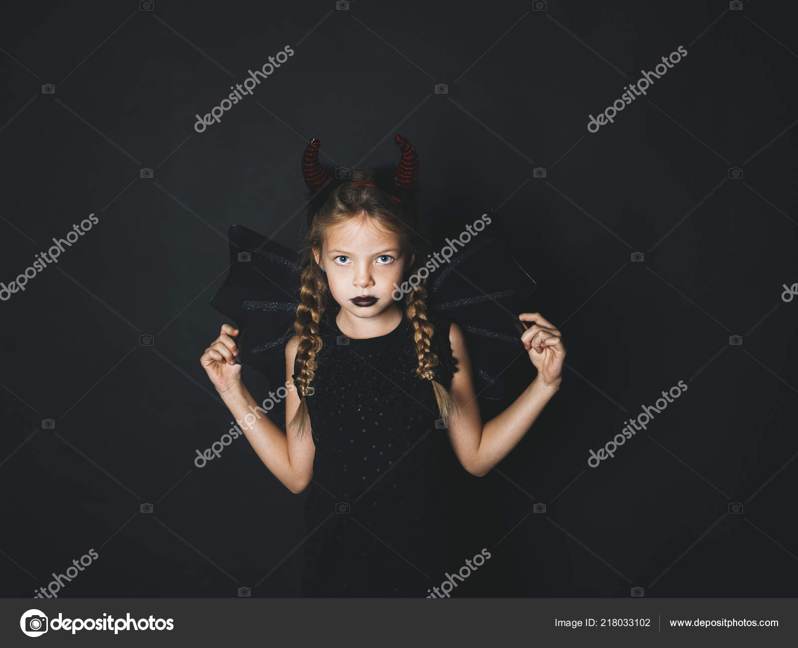Girl Pigtails Dark Lips Dressed Halloween Devil Costume Red Horns ...