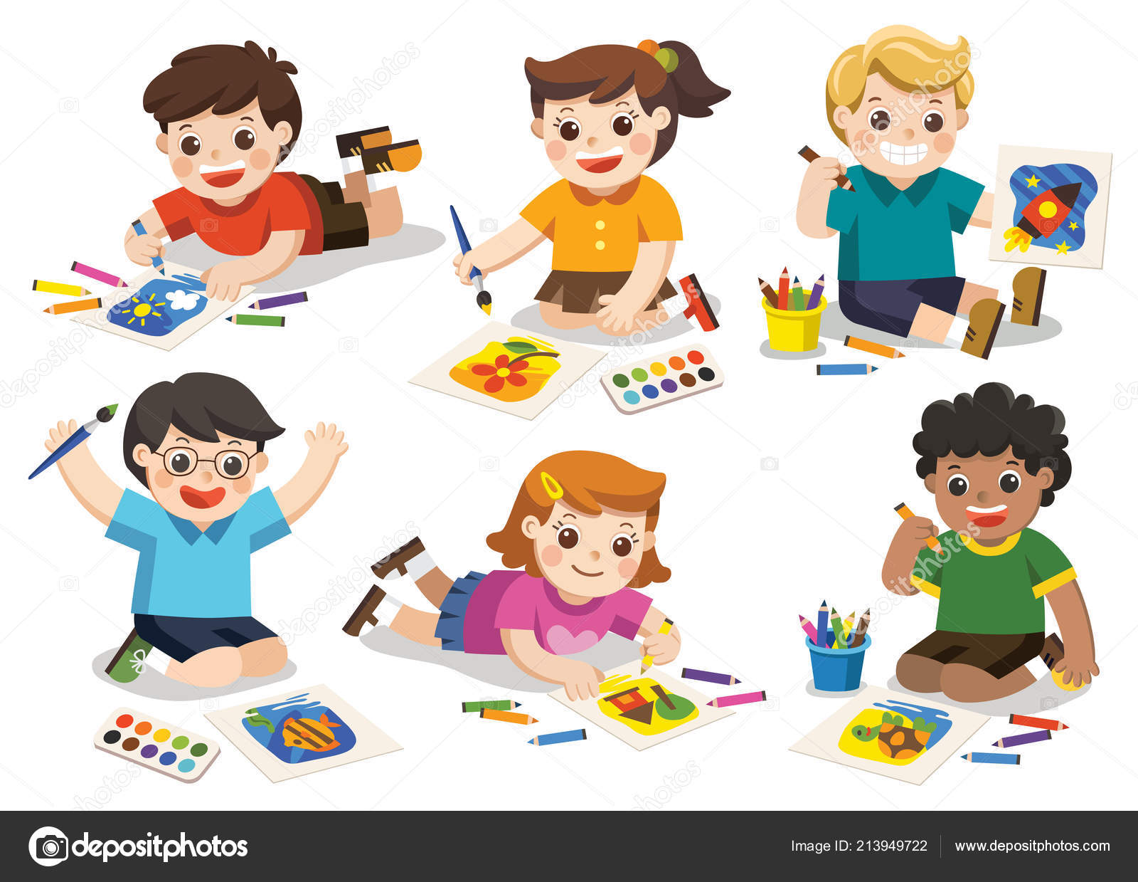 Back School Happy Children Draw Pictures Pencils Paints Floor Isolated ...