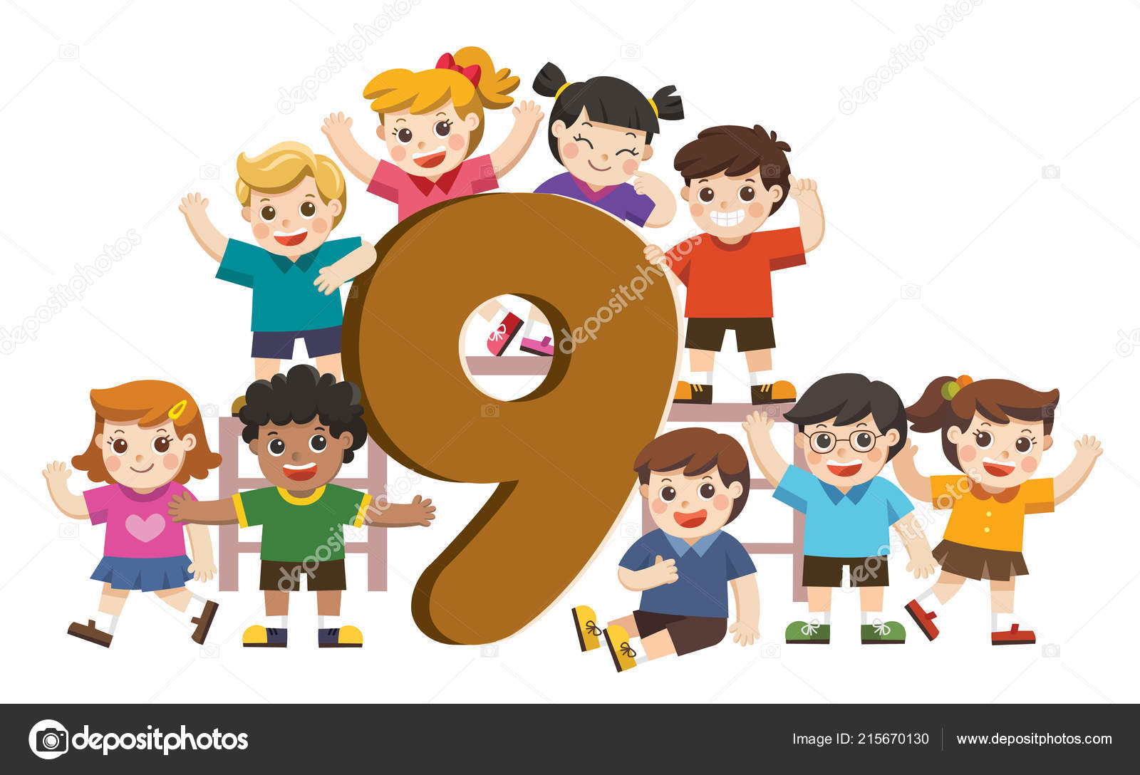 Back School Vector Illustration Set School Kids Colorful Number Nine ...