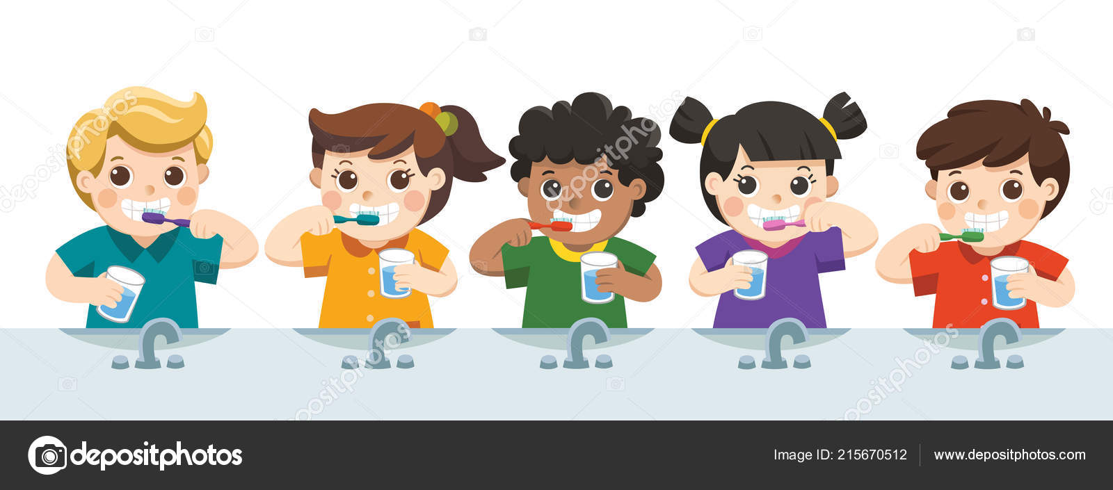 Happy Kids Holding Toothbrush Glass Water Brushing Teeth Stock Vector ...